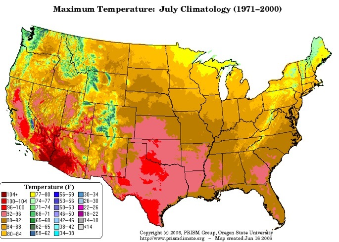 Maximum Temperature: July Climatology (1971 - 2000)